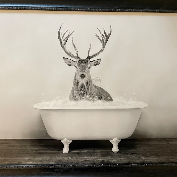Deer in a Vintage Bathtub, Rustic Bath Style in Black and White, Deer ...