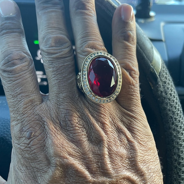 Ruby Red Cubic Zirconia 14k Gold Plated Bishop Cross and Midre Ring ...