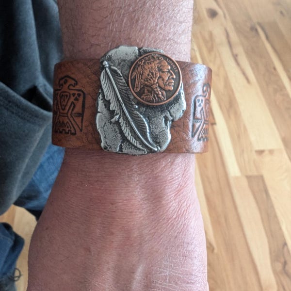 Leather Cuff Bracelet, Celtic, Sand Casted Pewter, Brass Celtic Coin ...