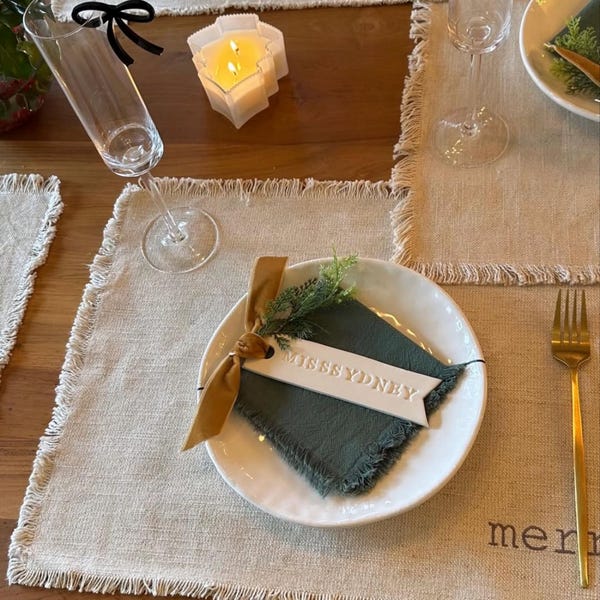 Personalized Clay Place Cards: Faux Greenery & Velvet Ribbon - Etsy
