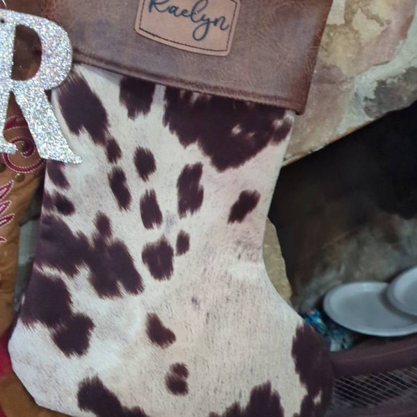 Cow Print Christmas Stockings, Cowhide Print, Burnt Orange, Tri Color ...