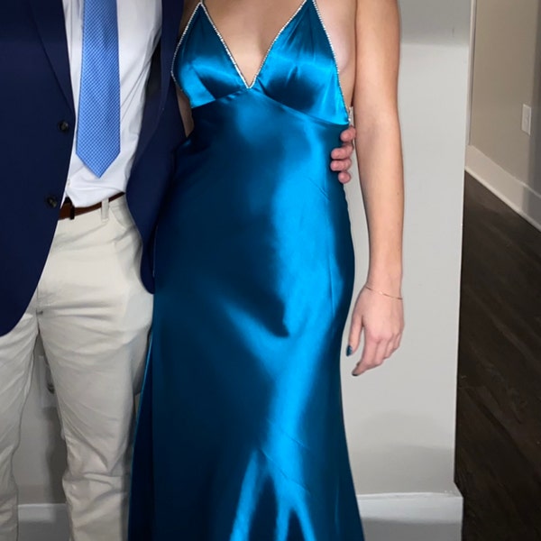 Elvira Hancock Blue Dress Scarface Costume, Teal Blue Satin Dress ...