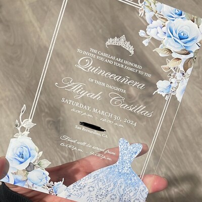 Clear Acrylic Quinceañera Invitations With Pink Flowers Gold Silver ...