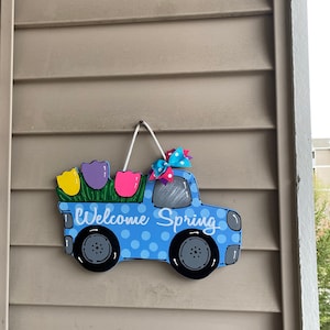 WELCOME SPRING Blue W/light Blue Polka Dots TRUCK Wall Art Door Hanger ...