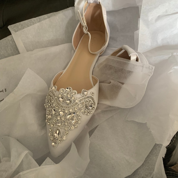White Satin Pointy Toe Flats With Sparkly RHINESTONES APPLIQUE , Women ...