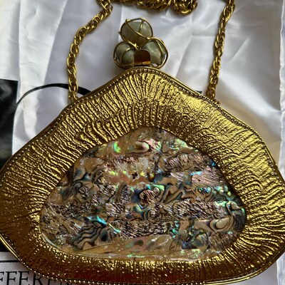 Abalone Sea Shell Inlaid Brass Clutch Bag, Original Pāua Bag Oyster ...