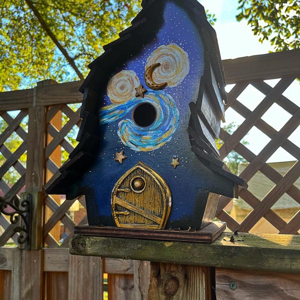 Handmade Wooden Birdhouse, Garden Art, Crooked Bird House, Starry Night ...