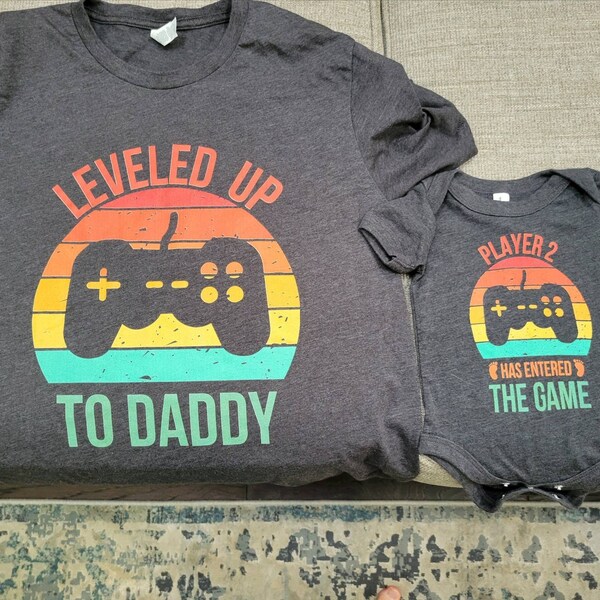 Leveled up to Daddy Leveled up to Mommy Pregnancy Announcement Shirts ...