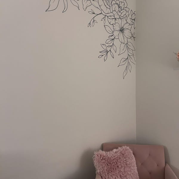 Minimal Line Drawing Flowers Corner Wall Decals, Accent Wall Floral ...