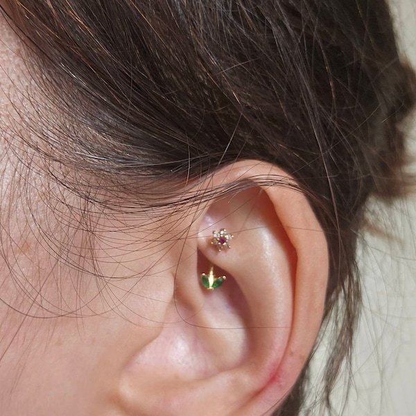 16G Flower Curved Barbell/green Leaf Cartilage Earring/rook Earring ...