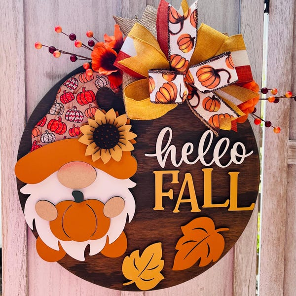 Hello Fall Gnome Sign SVG - Fall Door Hanger Svg - Fall Welcome Sign ...