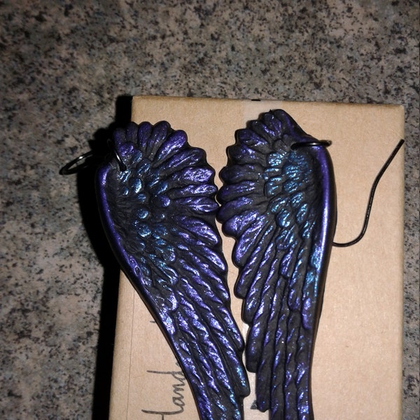 Black as Night Oil Slick Raven Crow Angel Wings Earrings Gothic Elven ...