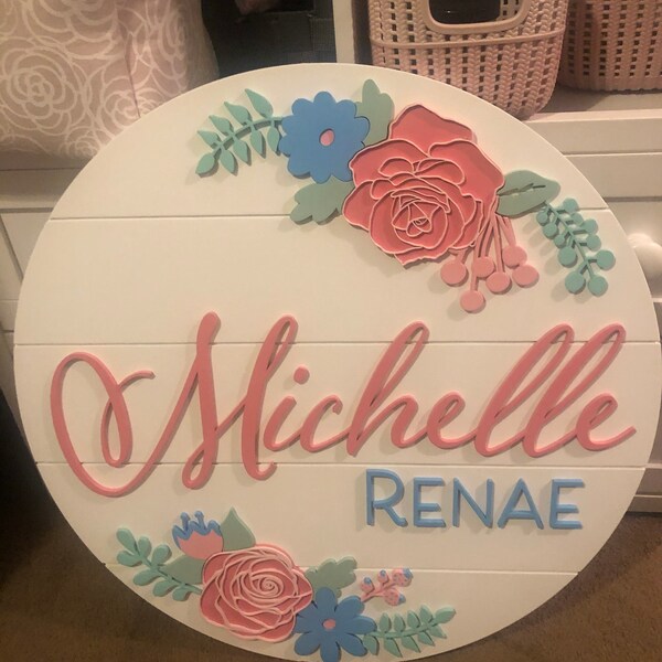 Round Floral Shiplap Baby Name Sign for Nursery or Shower Decor Flowers ...