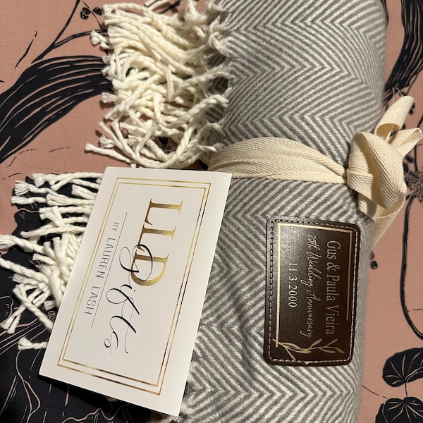 Personalized Herringbone Throw Blanket: Engraved Leather Patch ...