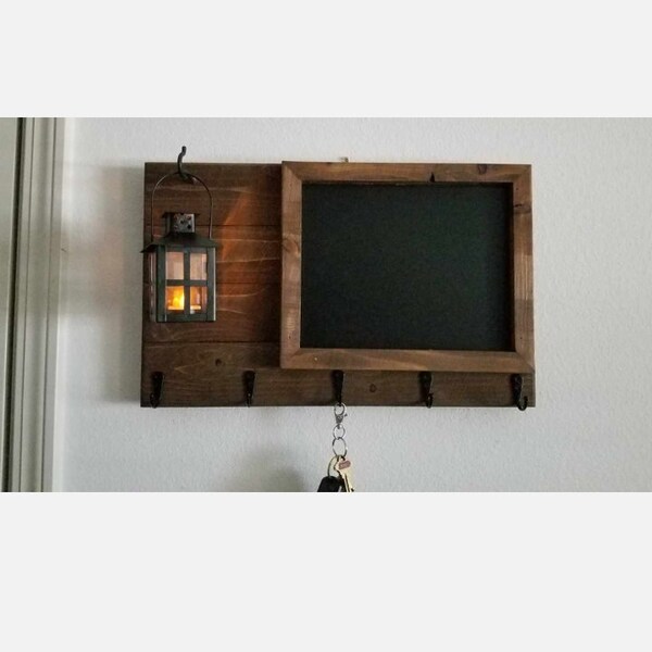Rustic Wood Chalkboard Key Holder, Farmhouse Message Board With Lantern ...