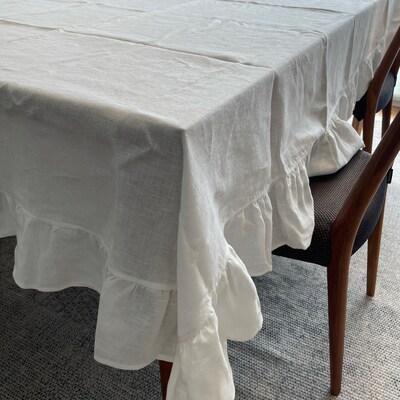 Tablecloth With Ruffles in White From Softened Natural Linen, Ruffled ...
