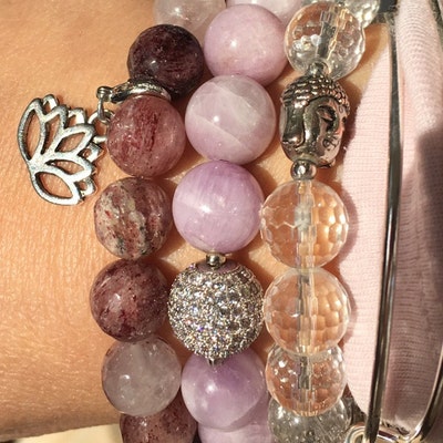 Muscovite Gemstone and Lotus Flower Bracelet/ Pink/ Burgundy/ Muscovite ...