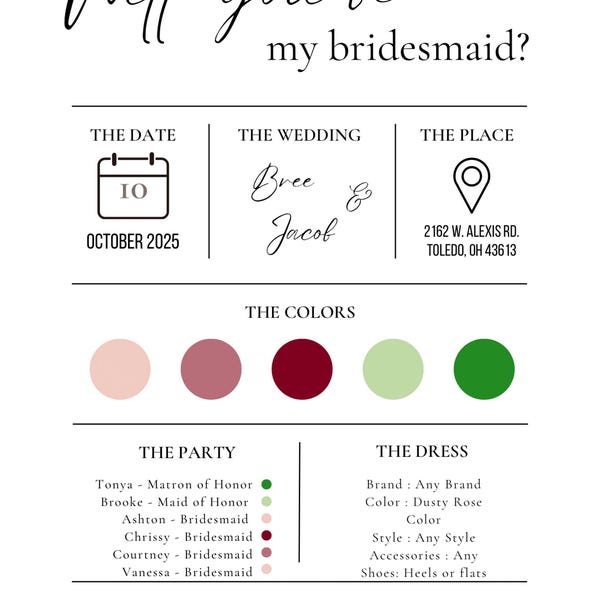 Bridesmaid Proposal Spec Sheet Card Template Minimal Clean Aesthetic Will You Be My Bridesmaid 