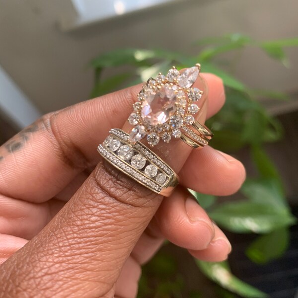 Morganite Wedding Ring Set 3PCS Bridal Set Vintage Morganite Engagement ...