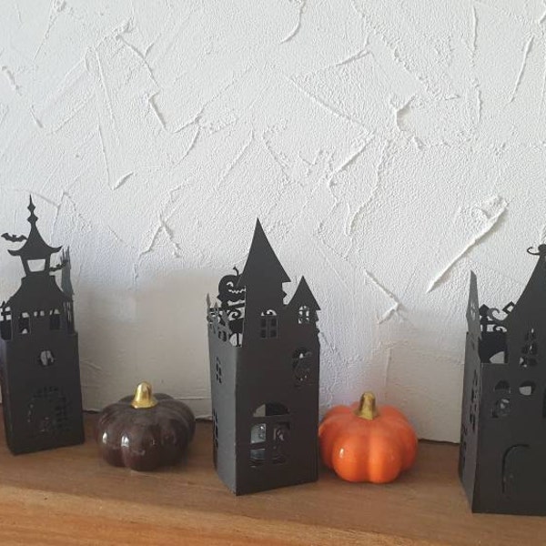 3 Halloween Lantern Templates, Haunted Gothic Castle Paper Cut Diy ...