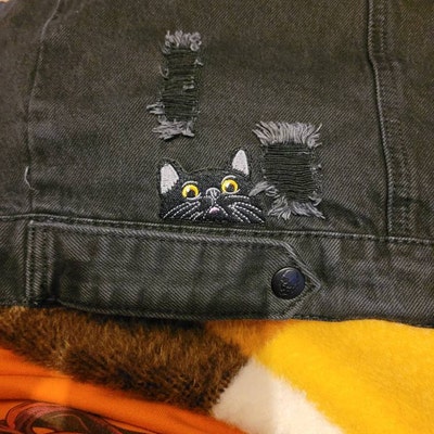 Peeking Cat Iron-on Patch, Black Cat Patch, Peeping Cat Iron-on Patch, Embroidered Applique, Cat ...