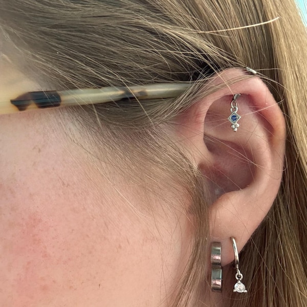 Dainty Bezel Rook Hoop Earring • Bezel Stone Helix Hoop • Rook Earring ...