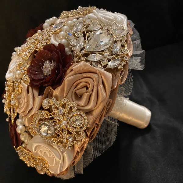 Burgundy Wedding Bouquet. Burgundy Blush Pink Bouquet. Rose Gold Brooch ...