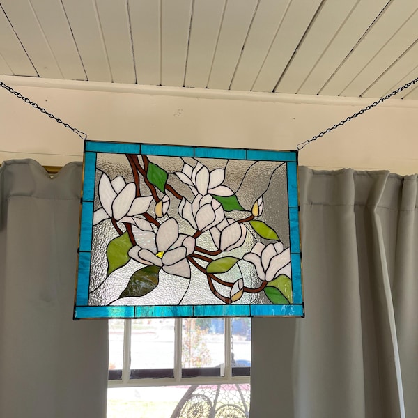Pink Magnolia Stained Glass Panel Gifts Custom Stained Glass Panel Pink ...