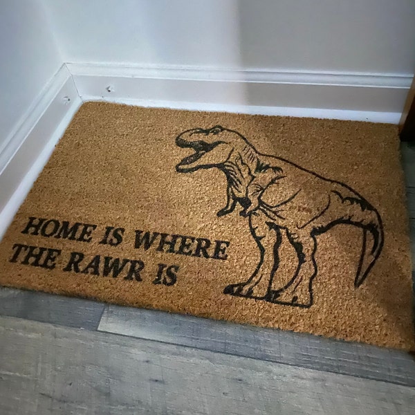 Dinosaur T-rex Home is Where the Rawr is Doormat - Funny Doormat ...