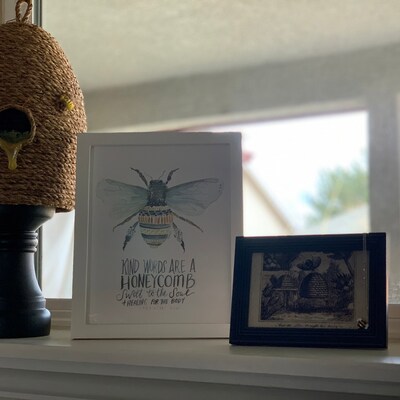 Bee Skep Print Framed in a Vintage Black Frame Wall Decor Bees Bee Skep ...
