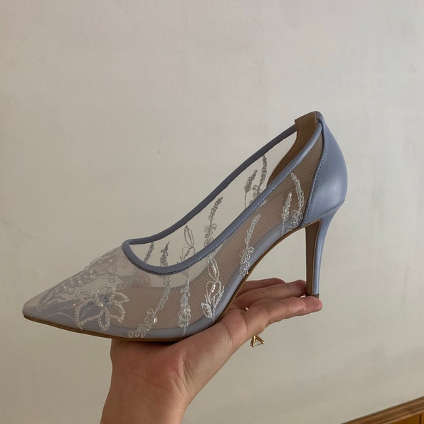 Blue Wedding Pumps With Mid Pointy Heel and Floral Embroidery, Floral ...