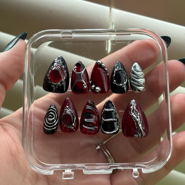 Dark Red Press on Nails, Gothic Punk Rock Nails, Long Stiletto Nails ...