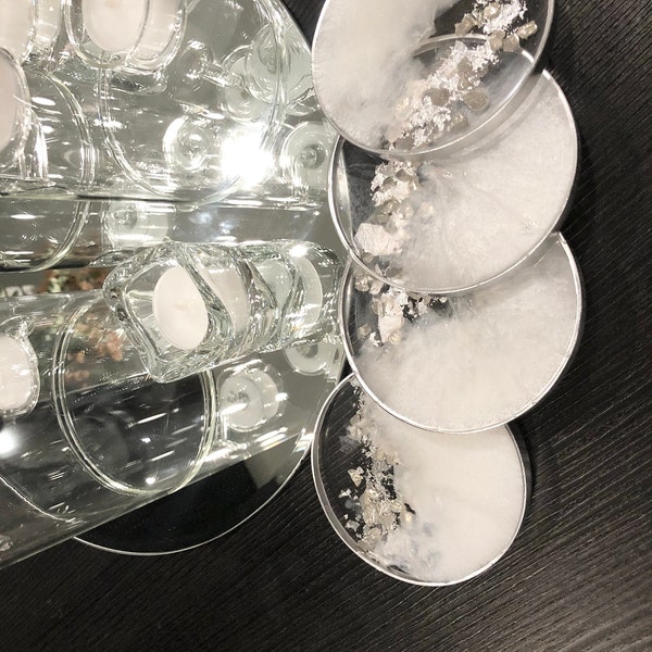 4” Round White and Silver Coaster Sets Made of Resin, Silver and White ...