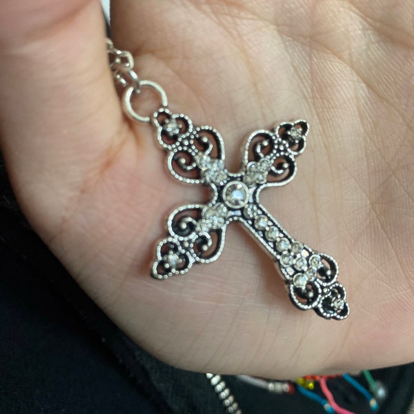 Silver, Rhinestone, Cross, Pendant, Necklace - Etsy