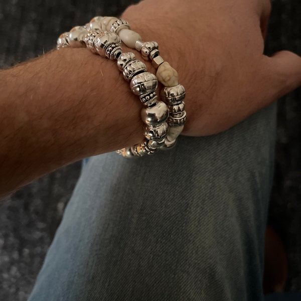 Men's Beaded Bracelet Set, Large Silver Beads Bracelet Men, Handmade ...