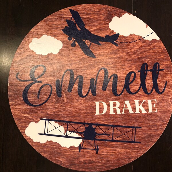 Airplane Round Wood Baby Name Sign Wooden Personalized Baby Name ...