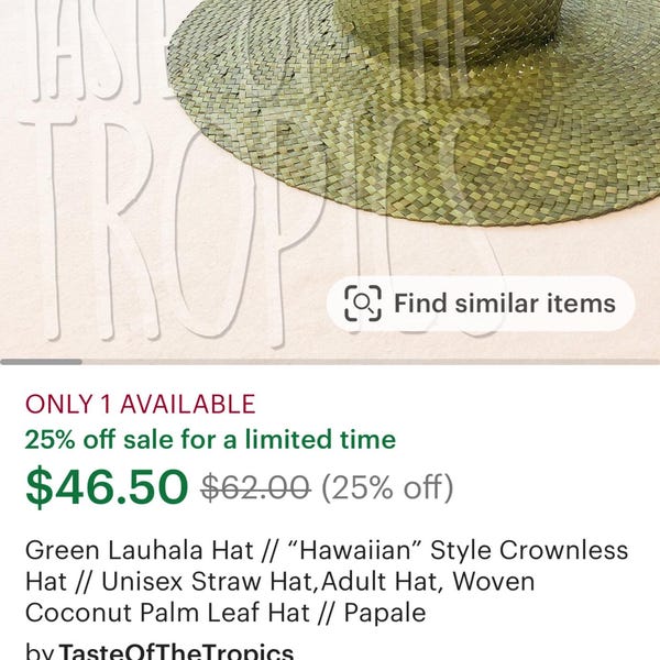 Green Lauhala Hat // “hawaiian” Style Crownless Hat // Unisex Straw Hat ...