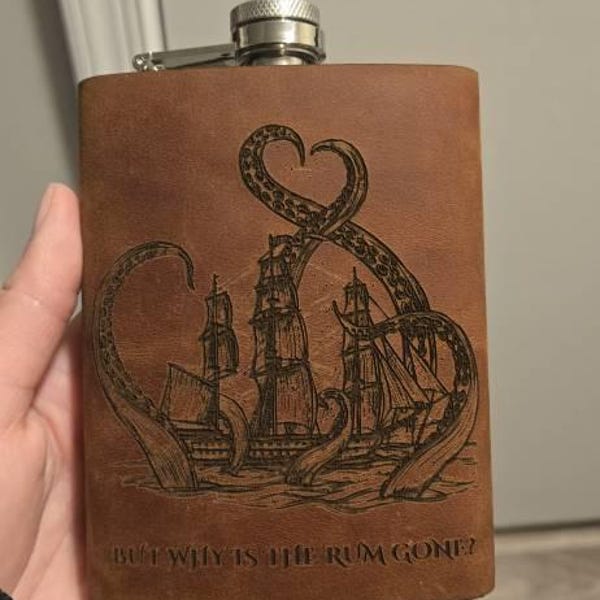Pirate Flask 8oz Pirate Ship Flask Leather Wrapped Flask Groomsman Gift ...