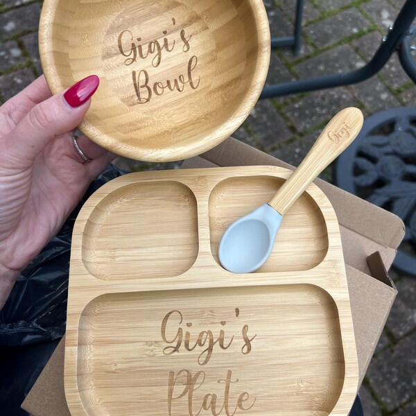 Personalised Bamboo Childrens Dining Set Spoon & Bowl - Custom Engraved ...