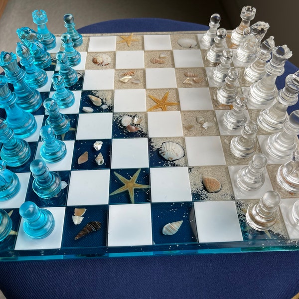 Ocean Resin Chess Board Set: Handmade Nautical Decor (12"x12") - Etsy
