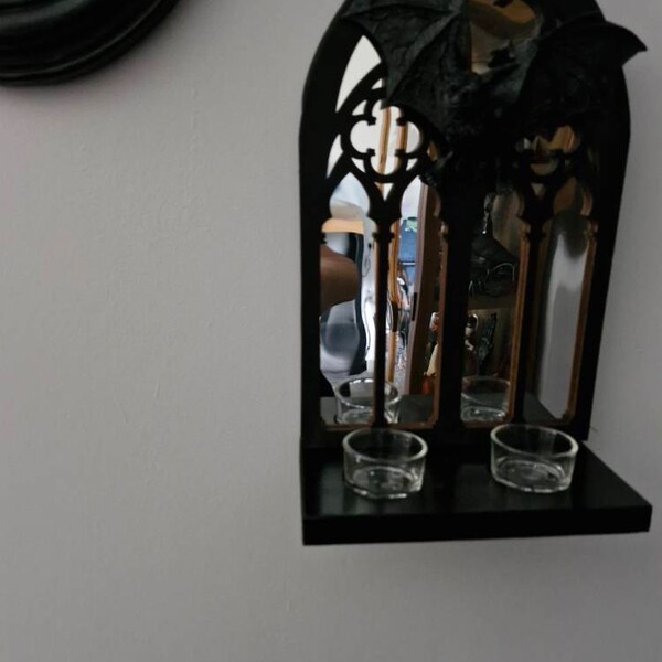 Unique Gothic Arch Window Mirror Vampire Bat Tealight Candle Holder ...