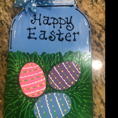 HAPPY EASTER Mason Jar Sign Wall Door Hanger Hanging Plaque Holiday ...