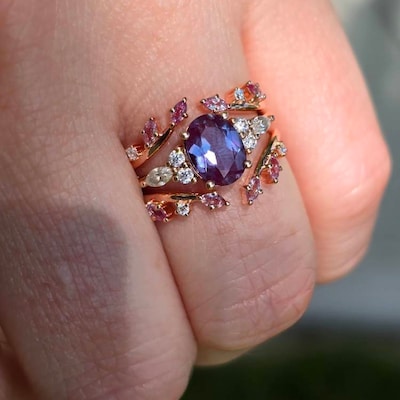 Alexandrite Engagement Ring Set Rose Gold Moissanite Ring Enhancer ...