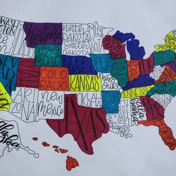 Digital Download USA Map - Printable, Hand Lettered, United States of ...