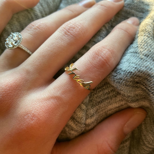 14k Gold Personalized Cursive Name Ring, Solid Gold Custom Name Ring ...