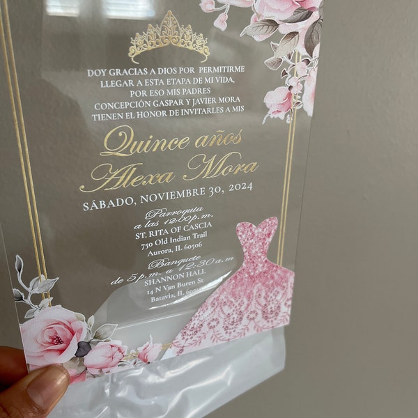 Clear Acrylic Quinceañera Invitations With Pink Flowers Gold Silver ...