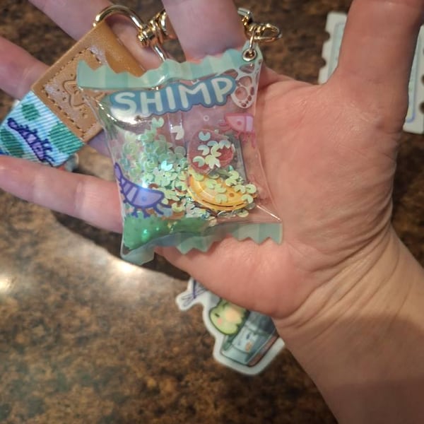 Shrimp Candy Bag Shaker Keychain Puffy Squishy PVC Charm Cute Ocean ...