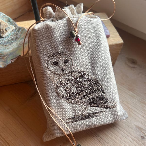 Embroidered Natural Barn Owl Drawstring Bag, Handmade, Silk Lined - Etsy