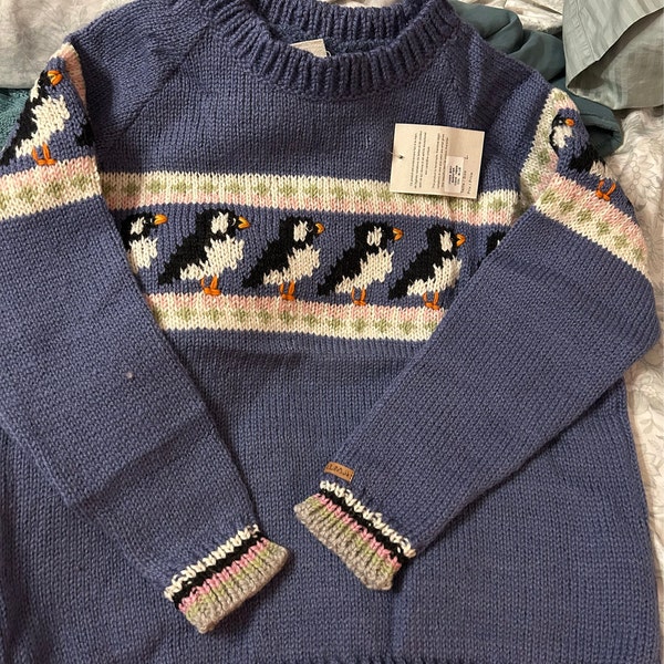 Handknit Wool Puffin Sweater: Soft Warm Bird Design, Blue Jumper, Fair ...