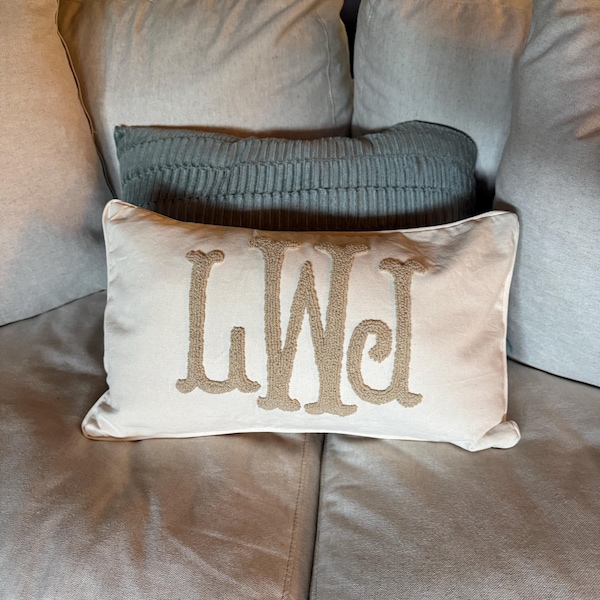 Monogram Embroidered Pillow, Initial Punch Needle Pillow, Custom Lumbar ...